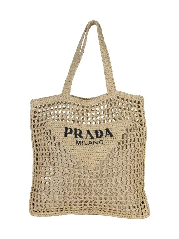 Prada Natural Raffia Effect Logo Crochet Tote - Neutral