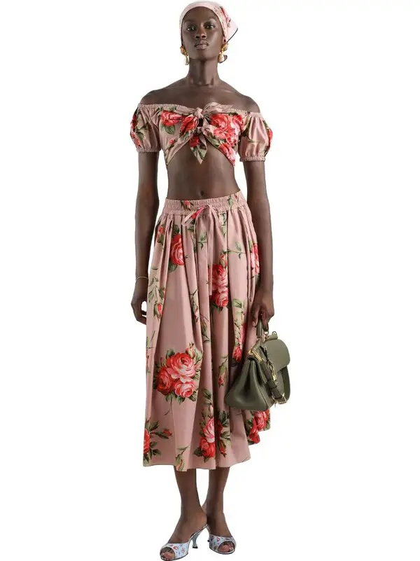 Dolce & Gabbana Rose Bouquet Cotton Crop Top - Pink