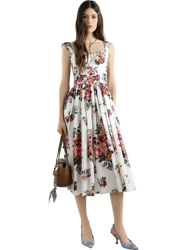 Dolce & Gabbana Flower Bouquet Print Cotton Midi Dress - Pink