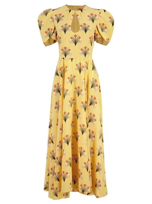 La DoubleJ Printed Silk Midi Dress - Yellow