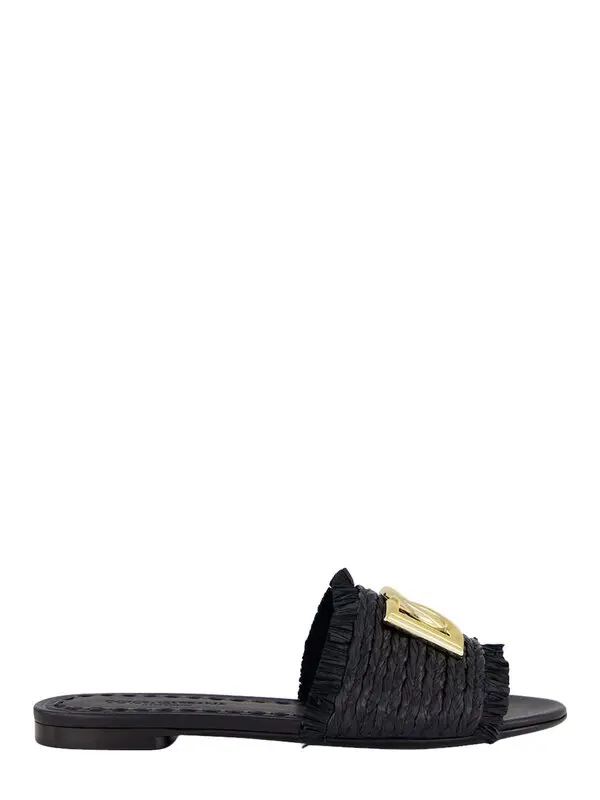 Dolce & Gabbana Raffia Fringed Flat Slides - Black