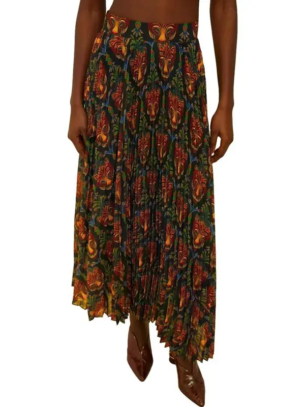 Farm Rio Printed Pleated Midi Skirt - Black