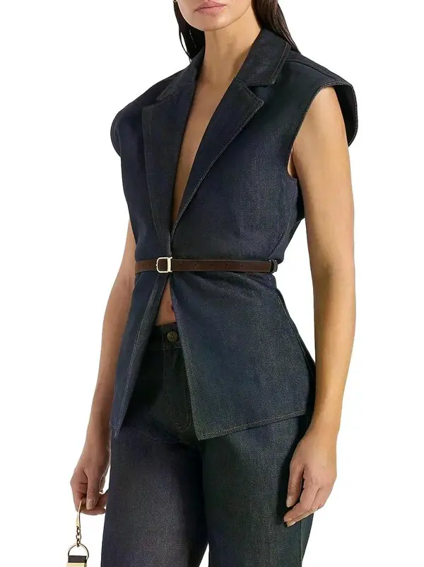 Manière De Voir Denim Wide-shoulder Belted Waistcoat - Blue