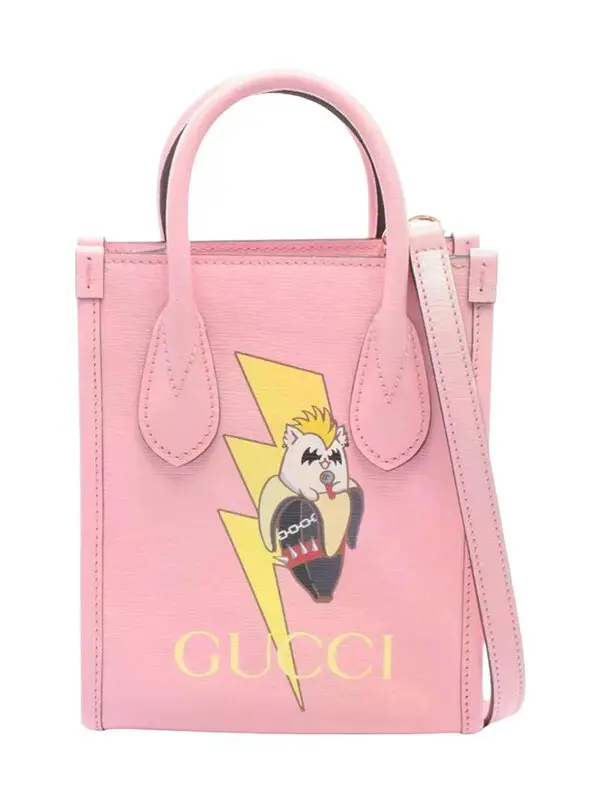 Gucci 2016-2026 X Bnf Textured Dollar Mini Calfskin Bananya Print Vertical Tote Satchel - Pink