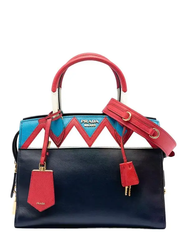 Prada Medium Saffiano Trimmed City Calf Greca Esplanade Satchel - Blue