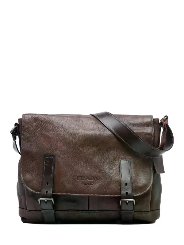 Prada Leather Buckle Messenger Bag - Brown