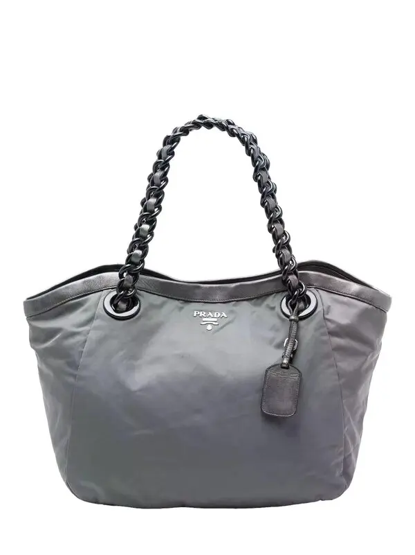 Prada Metallic Leather Trimmed Tessuto Tote Bag - Grey