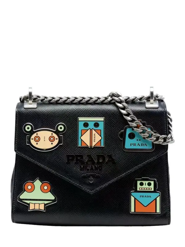 Prada Saffiano Cuir Monochrome Robot Patches Envelope Chain Flap Crossbody Bag - Black