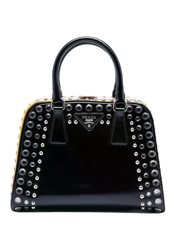 Prada Small Studded Saffiano Vernice Frame Top Handle Satchel - Black