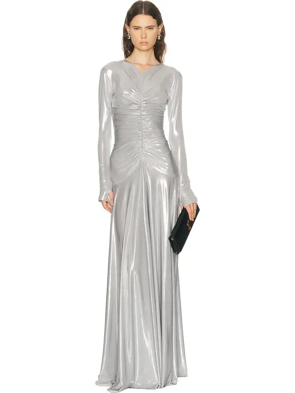 Norma Kamali Long Sleeve Shirred Flared Gown - Silver