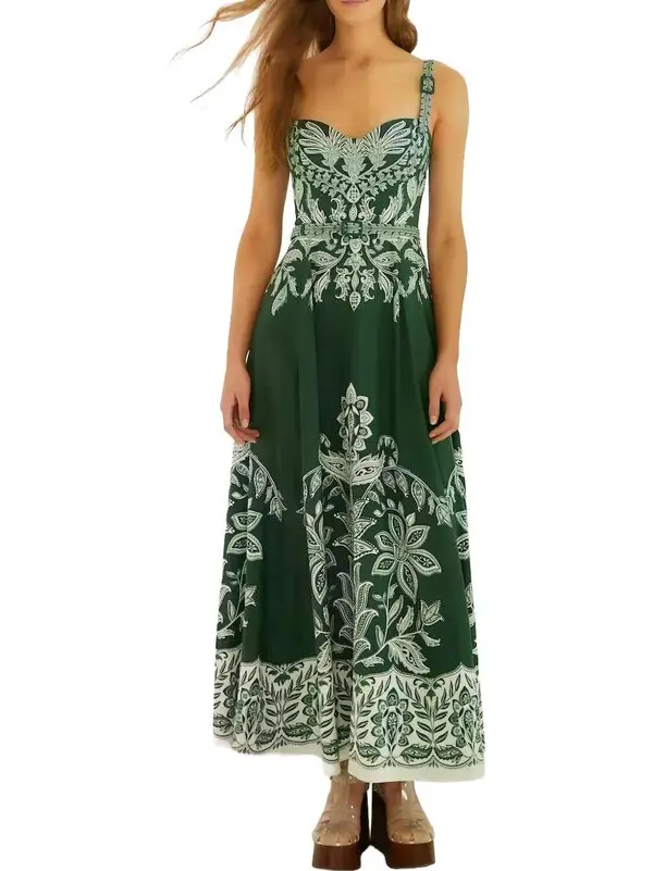 Farm Rio Miranda Buckles Floral Belted Midi Dress - Green