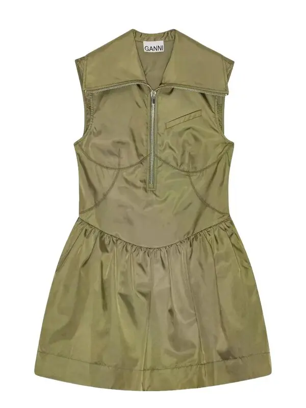 GANNI Collared Zipped Mini Dress - Green