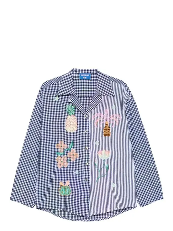 SUSANNA BLU Gingham Striped Embroidered Shirt - Blue