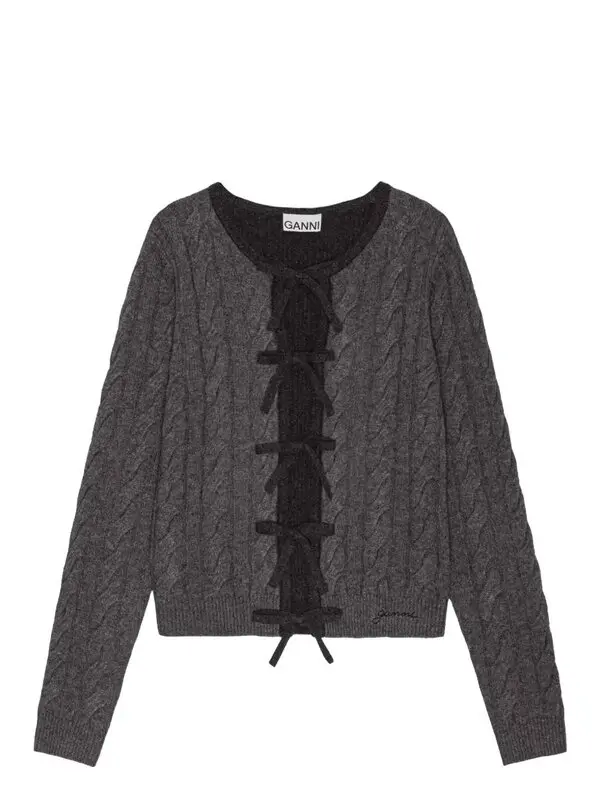 GANNI Cable-knit Cardigan With Tie Detailing - Grey