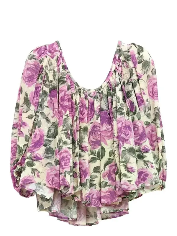 Chloé Floral-print Puff-sleeve Cropped Silk Top - Purple