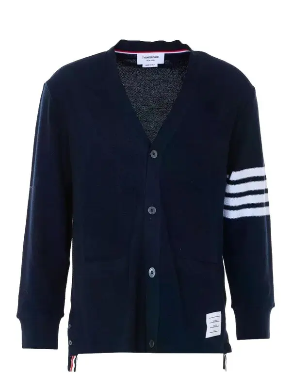 Thom Browne V-neck Cardigan With Logo Patch - Blue