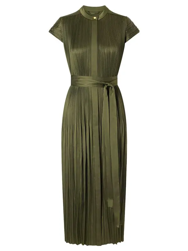 JOSEPH Phare Belted Plissé Satin Midi Dress - Green