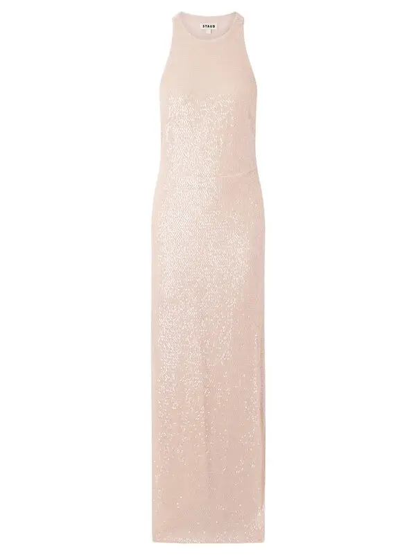 Staud Sequined Tulle Halterneck Midi Dress - Brown