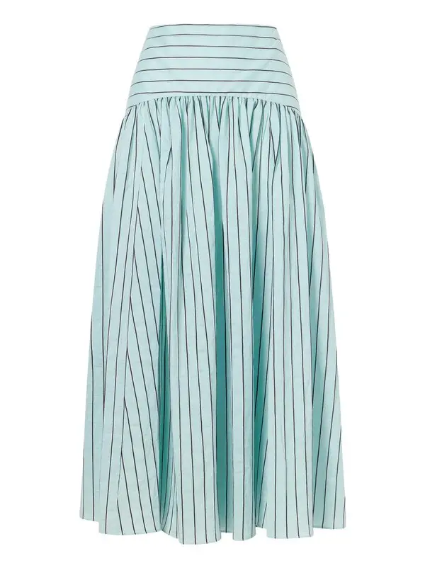 Staud Procida Pleated Striped Cotton-blend Poplin Midi Skirt - Blue
