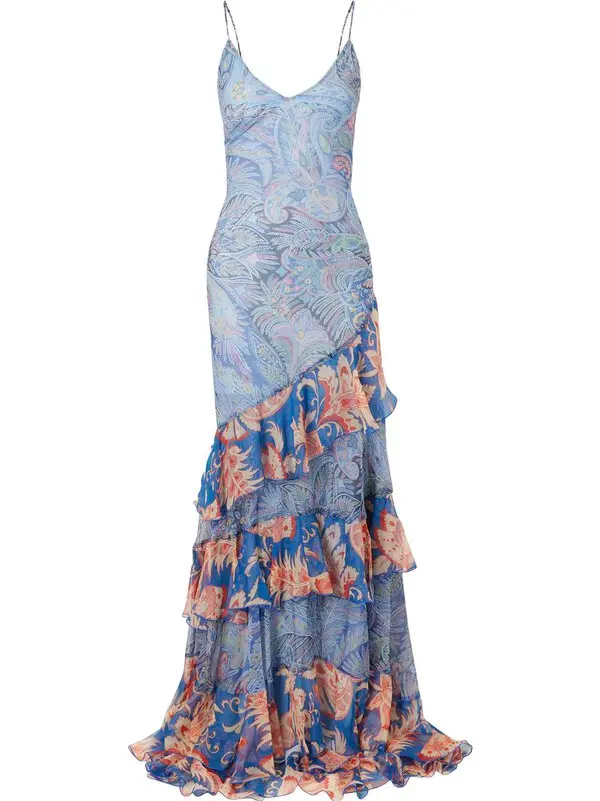 Etro Ruffled Tiered Paisley And Floral-print Silk-chiffon Maxi Dress - Blue