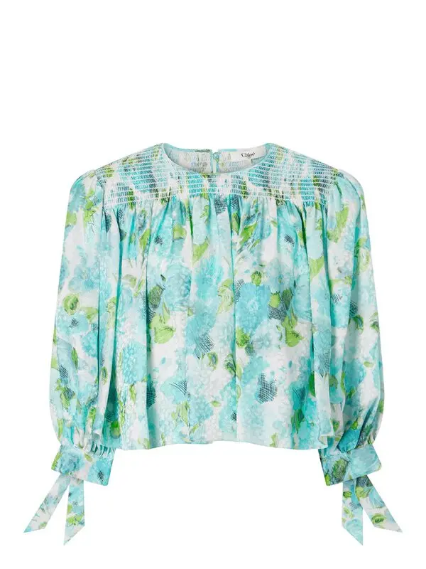 Chloé Cropped Smocked Floral-print Silk-jacquard Blouse - Blue