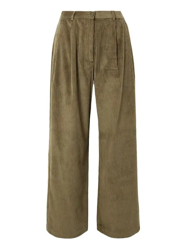THE FRANKIE SHOP Norstrand Pleated Cotton-corduroy Straight-leg Pants - Green