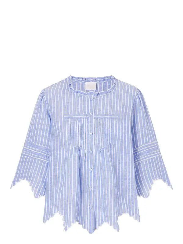 Loretta Caponi Matilde Scalloped Striped Linen Shirt - Blue