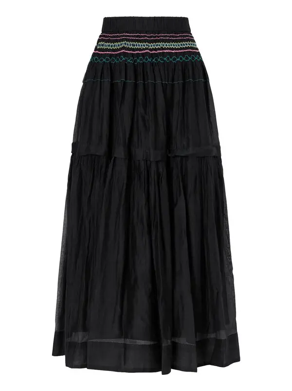 EKA Munro Gathered Tiered Smocked Cotton And Silk-blend Voile Midi Skirt - Black