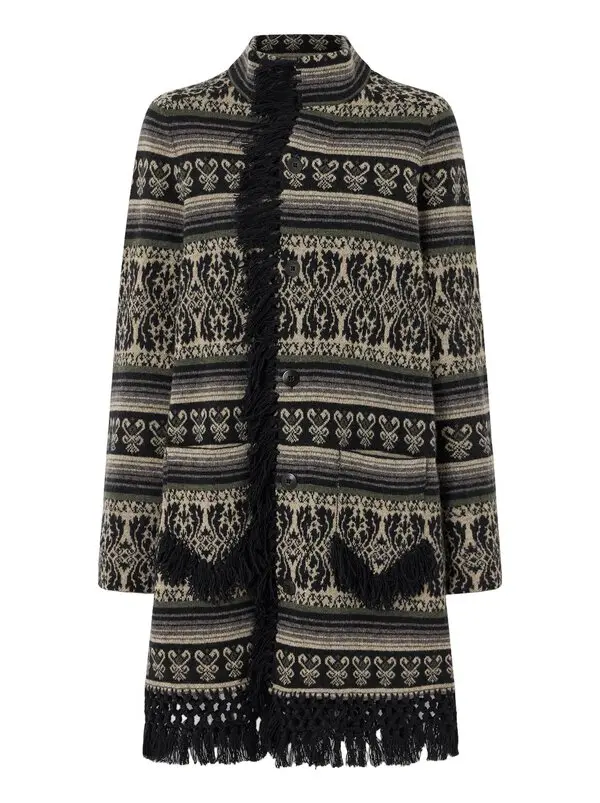 Ralph Lauren Amelia Fringed Jacquard-knit Wool And Cashmere-blend Cardigan - Black