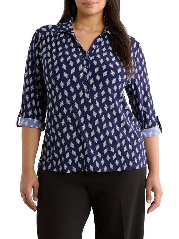 Anne Klein Geometric Print Half Placket Shirt - Distant Mountain/white Dove
