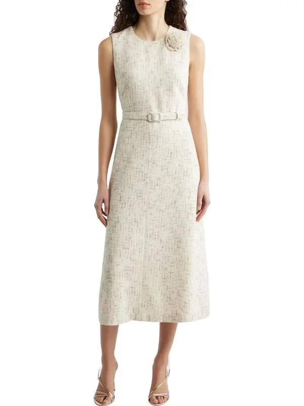 Anne Klein Rosette Belted Tweed Midi Dress - White Dove/latte