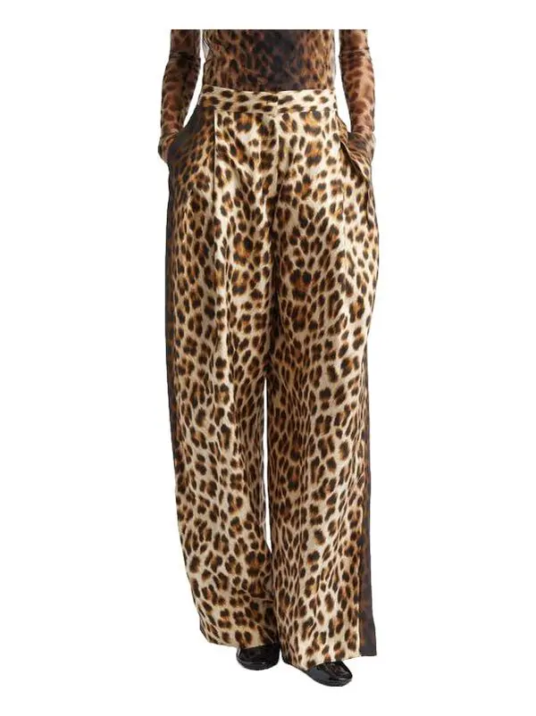 Sportmax Oblo Leopard Print Silk Twill Wide Leg Pants - Camel