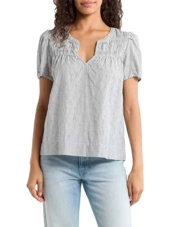 Lucky Brand Stripe Smock Detail Cotton Top - Light Seashell