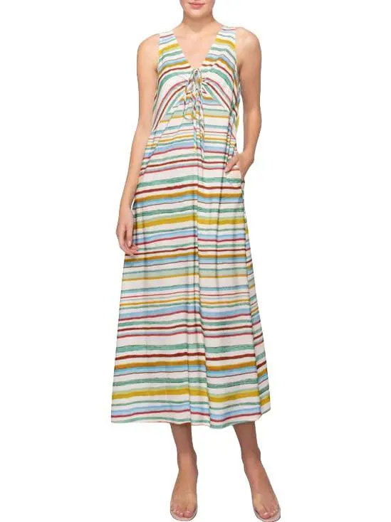 MELLODAY Stripe Sleeveless Linen-blend Dress - Green Multi Stripe