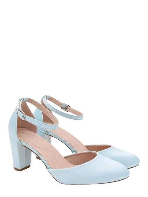 KAILEE P Sarah Satin Block Heel Pumps With Adjustable Ankle Strap - Light Blue