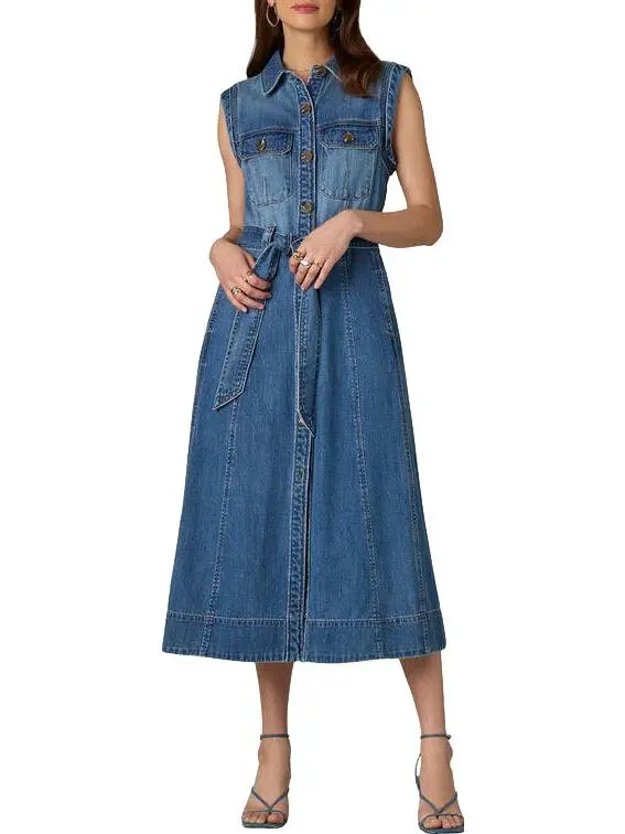 Wit & Wisdom Sleeveless Tie Belt Denim Shirtdress - Mid Blue