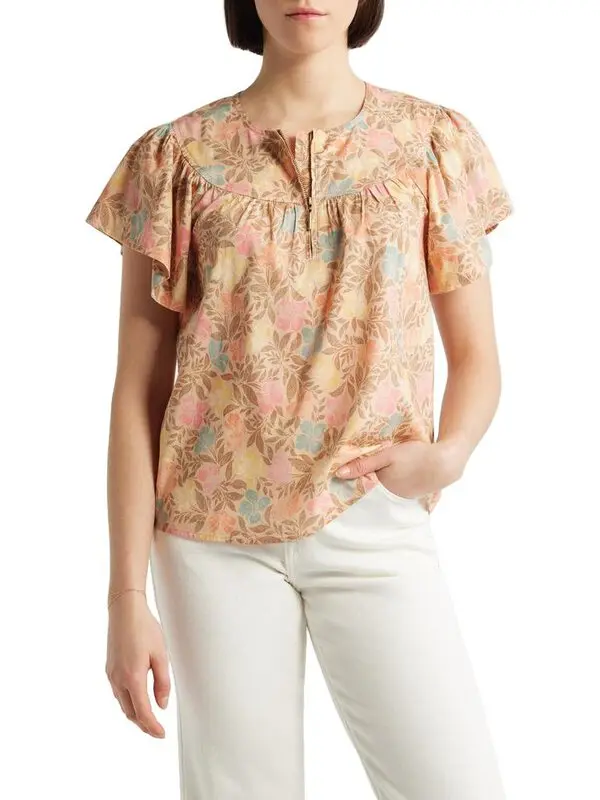 Wit & Wisdom Floral Flutter Sleeve Quarter Zip Top - Golden Sugar Multi