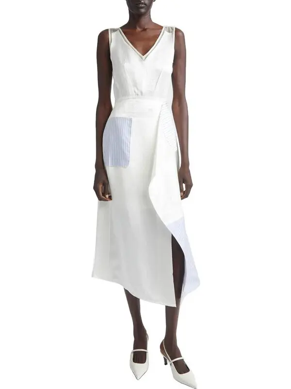 JASON WU Stripe Collage V-neck Midi Dress - White