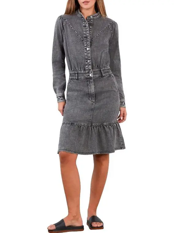WASH LAB DENIM Ruffle Hem Long Sleeve Denim Dress - Ash Grey