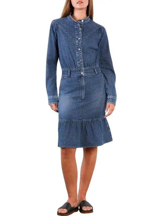 WASH LAB DENIM Ruffle Hem Long Sleeve Denim Dress - Camp Blue