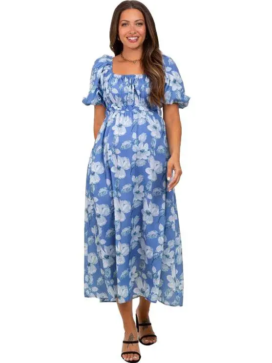 PINKBLUSH Floral Print Square Neck Puff Sleeve Midi Dress - Blue
