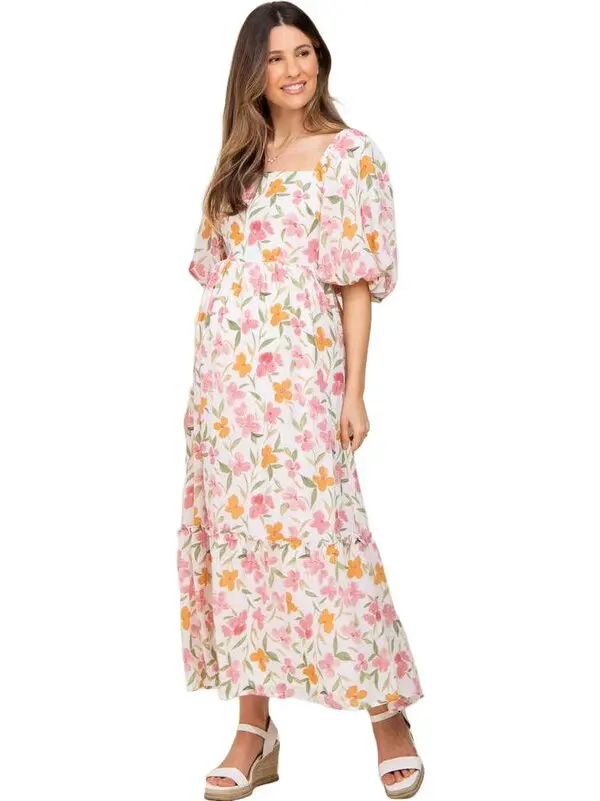 PINKBLUSH Floral Puff Sleeve Maxi Dress - White