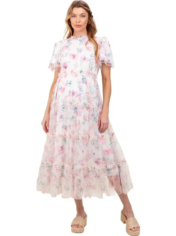 PINKBLUSH Floral Mesh Ruffle Tiered Midi Dress - Ivory