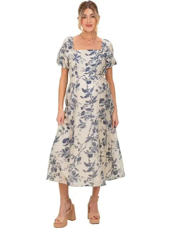 PINKBLUSH Floral Square Neck Puff Sleeve Midi Dress - Navy Blue