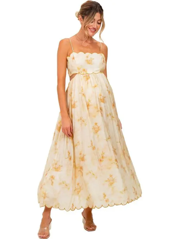 PINKBLUSH Floral Scallop Edge Cutout Midi Dress - Yellow