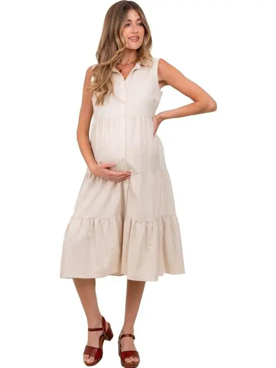 PINKBLUSH Tiered Sleeveless Midi Shirt Dress - Cream