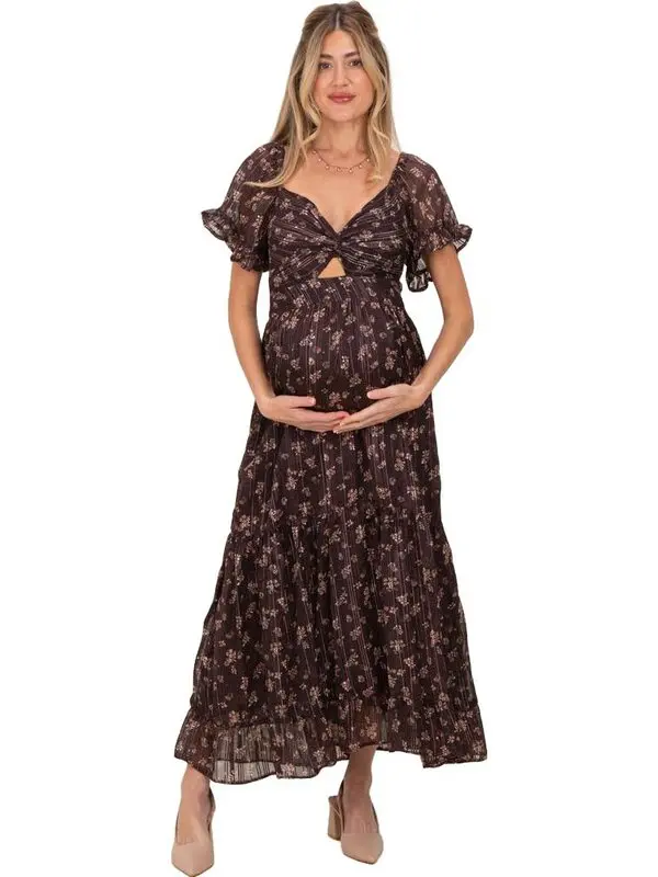 PINKBLUSH Floral Stripe Twist Front Cutout Maxi Dress - Brown