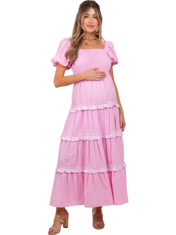 PINKBLUSH Smocked Ruffle Tiered Puff Sleeve Maxi Dress - Pink