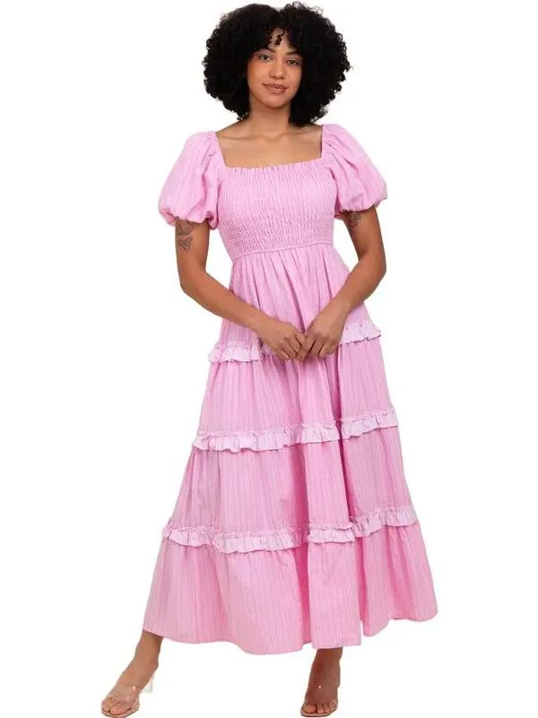 PINKBLUSH Smocked Ruffle Tiered Puff Sleeve Maxi Dress - Pink