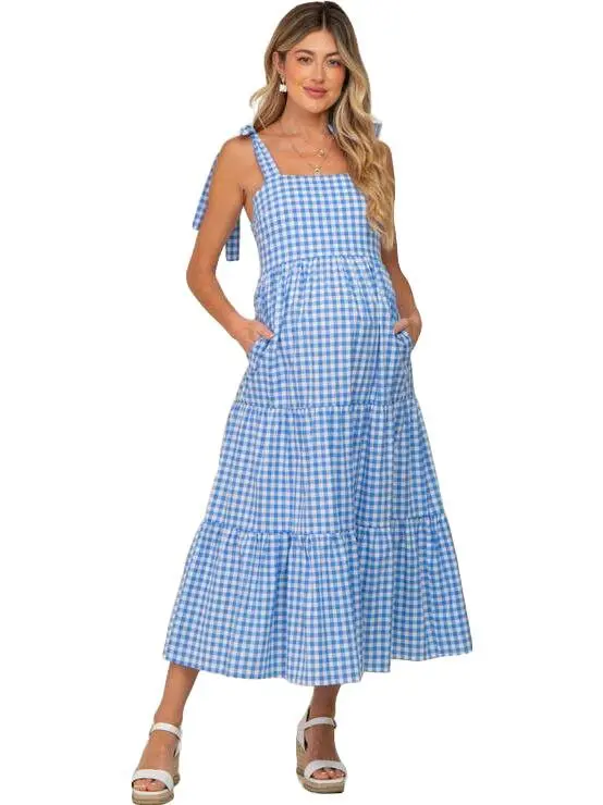 PINKBLUSH Checkered Sleeveless Tiered Maxi Dress - Blue